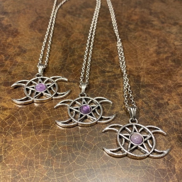 Jewelry | Triple Moon Hecate Purple Amethyst Necklace Pentagram Jewelry ...